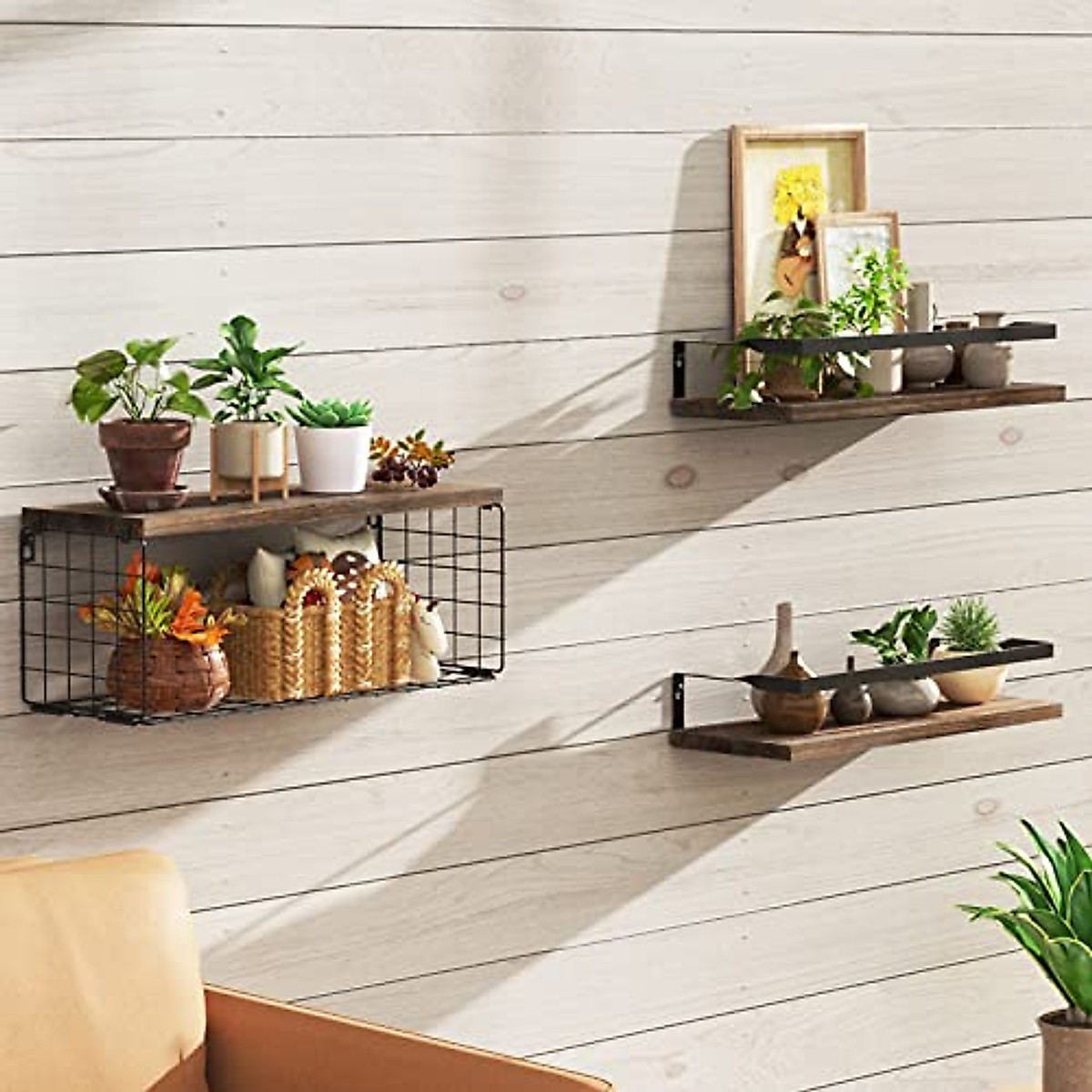 Floating Shelves Wall Mounted Set of 3, Rustic Wood Wall Shelves for Wall Decor Bathroom Shelves Over Toilet with Paper Storage Basket for Home Decor, Laundry Room Storage Shelves (Carbonized Brown)