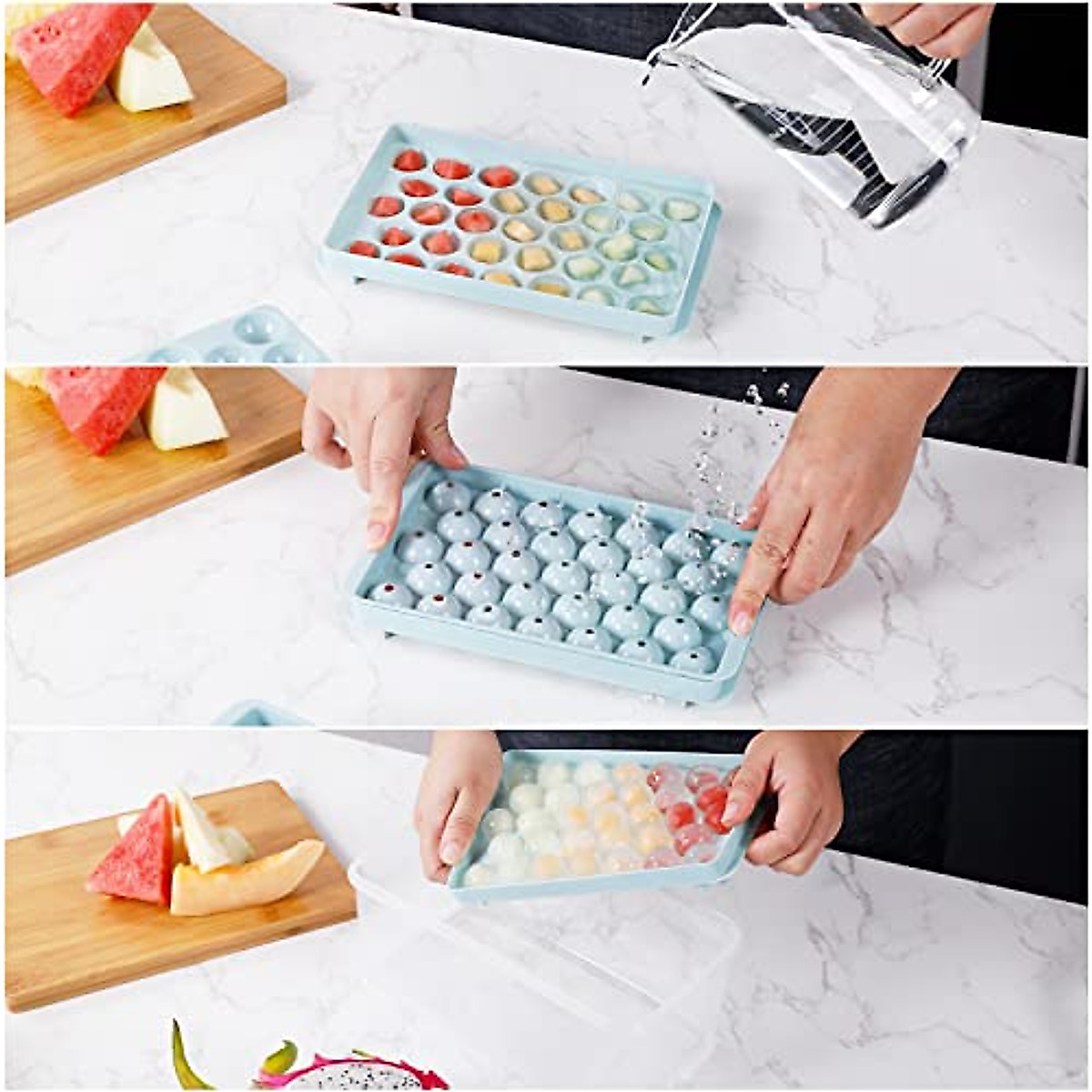 Round Ice Cube Trays - 3 Pack Round Ice Ball Maker Mold with Container Ice Cube Trays with Ice Bin Ice Scoop, for Ice Chilling, Cocktail, Juice, Coffee, Freezer