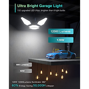 Garage Light 120W - 12000LM 6000K LED Garage Light with 3 Deformable Panels, Screw in Garage Lights Ceiling Led, E26/E27 Garage Lighting Bulb for Garage, Attic, Basement, Barn, Workshop - 1 Pack