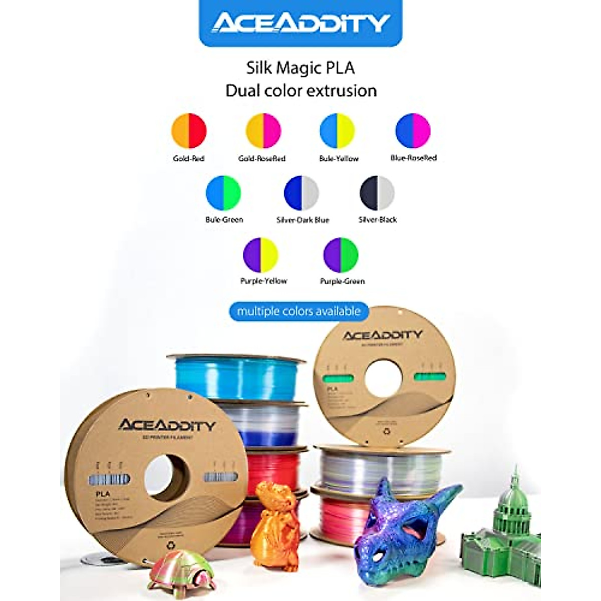 Aceaddity Silk Magic PLA 3D Printer Filament, Dual-Colour Co-Extrusion 1.75mm 3D Printing PLA Filament, Shiny Silk Coextruded PLA, Dimensional Accuracy +/- 0.03 mm, 1kg/2.2lbs (Blue-Yellow)