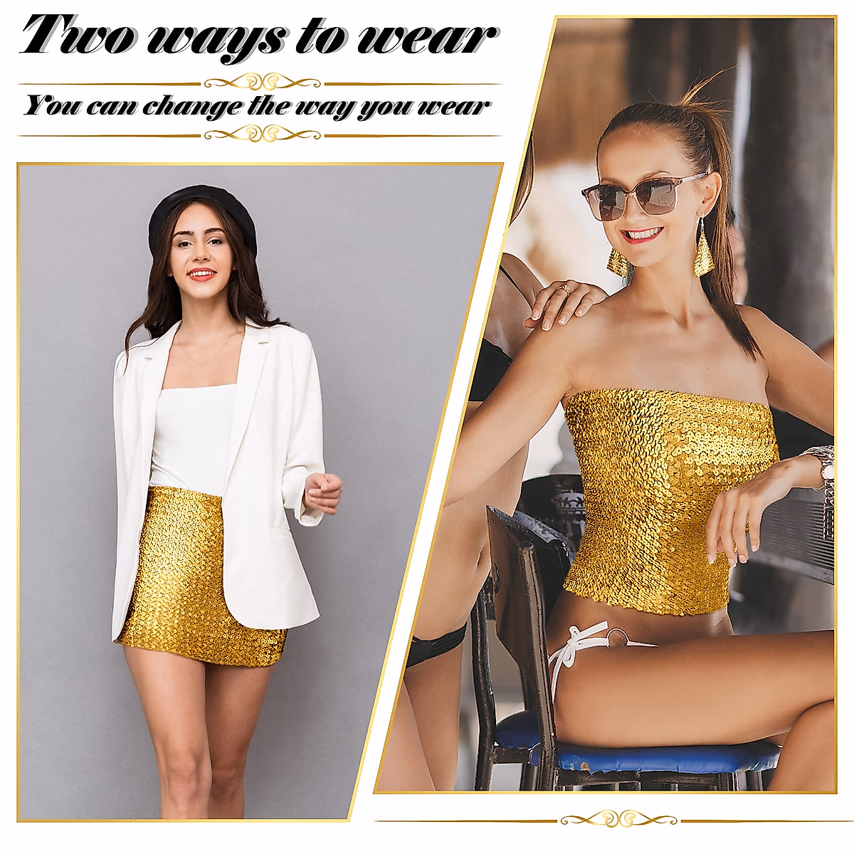 Women's Sparkly Sequin Crop Tops Strapless Metallic Tube Tops with Metal Mesh Drop Dangle Earrings for Party Clubwear (Gold)
