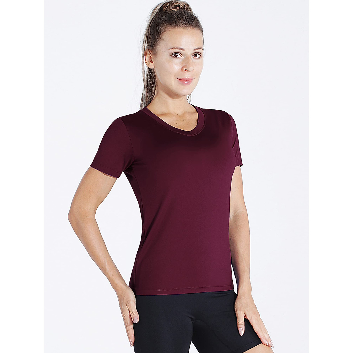 CADMUS Workout t-Shirts for Women Quick Dry Gym Shirts V-Neck, Black, Grey, Wine Red, Large