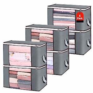 STORAZE 90L 6-Pack Large Laundry Basket, Waterproof, Freestanding Laundry Hamper, Collapsible Tall Clothes Hamper with Extended Handles for Clothes Toys in the Dorm and Family (Grey)