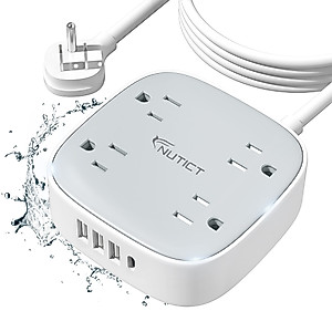 Outdoor Power Strip Weatherproof, 6 FT Extension Cord 3 USB Ports, 1 USB C Charger, 4 Outlets Flat Plug Surge Protector Waterproof Shockproof Wall Mountable For Home Kitchen Patio Porch Garden Camping