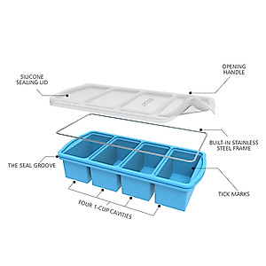 ZIP STANDING Silicone Freezer Trays with Lid,1-cup Soup Freezer Container large Ice Cube Molds with Reinforced Steel Ring Top for freezing Soup Sauce Broth Leftovers oven Dishwasher -Safe(2-Pack)