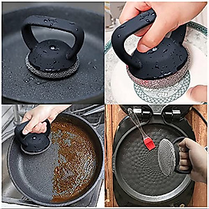 Cast Iron Cleaner, Chainmail Scrubber Brush with Handle, Small Ring Round Chain Link Pot Scrubber Cleaning Brush for Cast Iron Pans Skillet, Cast Iron Griddle, Frying Pans, Bakeware