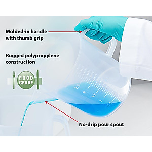 Globe Scientific 601159-1 Polypropylene Short Form Beaker with Handle, Molded Graduations, 3000mL Capacity, Each