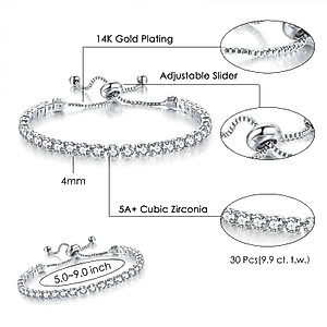 Double Fair 2 Pcs Tennis Bracelets for Women 14K Gold Plated AAA+ Cubic Zirconia CZ Diamond Classic Adjustable Slider Bracelet Fashion Jewelry Wedding Gift Size 6.5-7.5 Inch