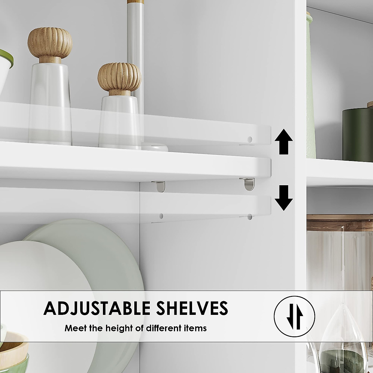 FACBOTALL 71'' Tall Kitchen Pantry Storage Cabinet with Large Countertop, Kitchen Buffet Hutch Cabinet with 2 Adjustable Shelves & Tempered Glass Doors, 4 Handless Drawers for Home, White