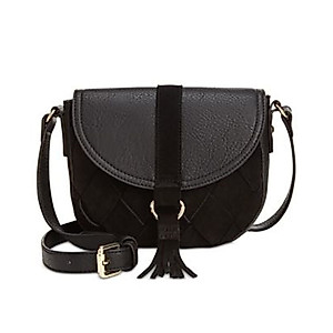 INC Womens Ella Leather Trim Tassel Saddle Handbag Black Small