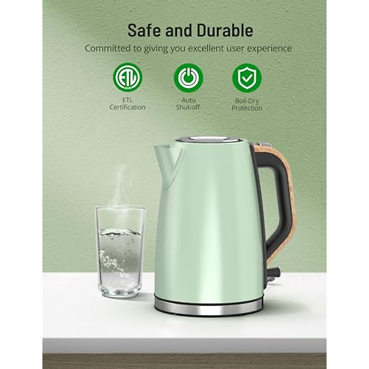 Paris Rhone Electric Kettle, Stainless Steel Electric Tea Kettle for Boiling Water, 1.7L Hot Water Boiler Heater, 1500W, Auto Shutoff, Boil-Dry Protection, LED Indicator, Coffee and Tea, Green