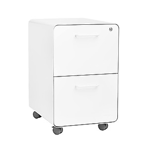 Poppin Stow 2-Drawer File Cabinet - White. Powder-Coated Steel. Legal/Letter Sized Drawers. Two Locking and Two Non-Locking Wheels. Two Keys Included. 1 Lock for Both Drawers