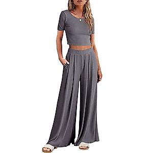 Ekouaer Women's 2 Piece Lounge Sets Short Sleeve Pajama Set Ribbed Knit Crop Top Wide Leg Pants Loungewear,Dark Gray,M