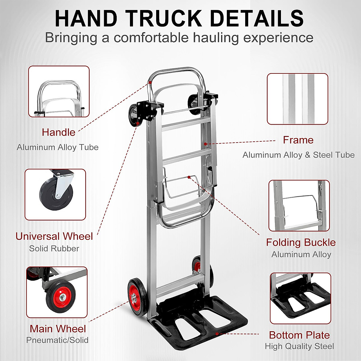 Aluminum Folding Hand Truck,440 lbs Heavy Duty 2 in 1 Convertible Hand Truck Dolly with Pneumatic Wheels,Telescopic Handles and 2 Elastic Ropes Collapsible Hand Cart for Luggage Moving Warehouse
