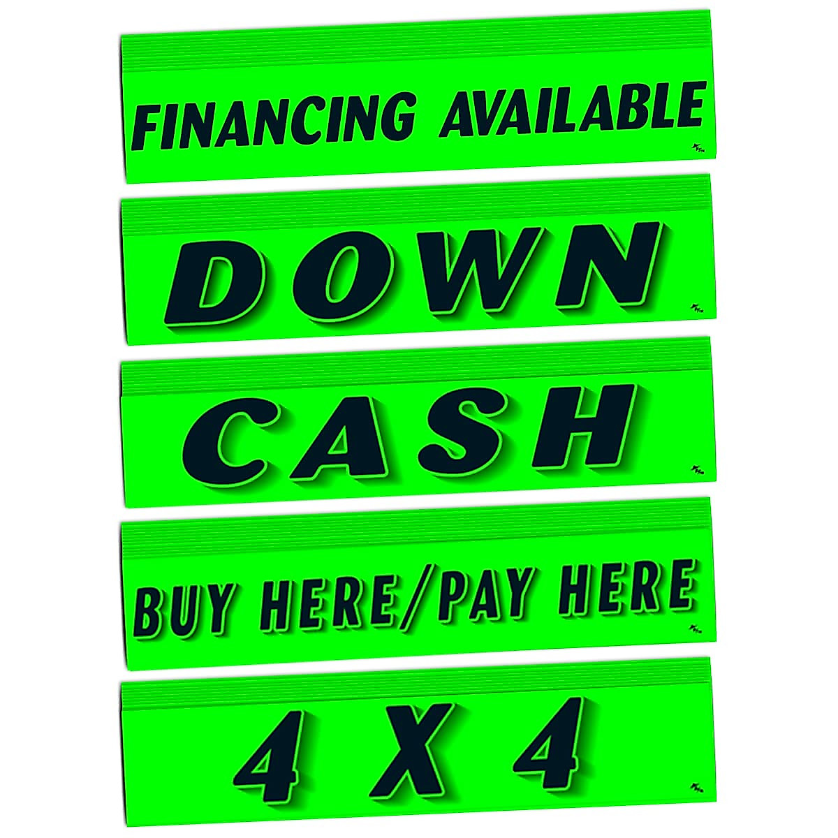 Versa Tags Windshield Slogan Stickers 12 Pack Each of FINANCING Available, Down, Cash, Buy HERE Pay HERE, 4X4 (60) Window Stickers Total Dealership Stickers Black On Green