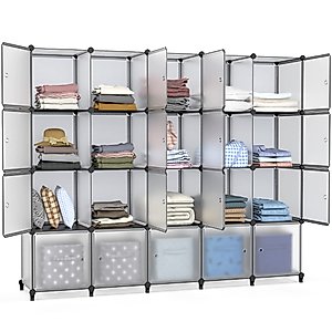 HOMIDEC Cube Storage Organizer, Heavy Duty Portable Closet Wardrobe with Door, 58in Large Closet Organizers and Storage with Hanging Rod for Clothes Yarns Toys Books Tools(20 cube grey)