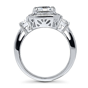 BERRICLE Sterling Silver Halo Wedding Engagement Rings Emerald Cut Cubic Zirconia CZ Statement Ring for Women, Rhodium Plated Size 9