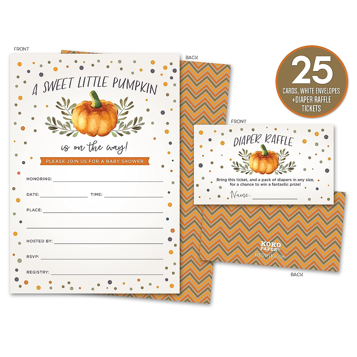 Koko Paper Co Little Pumpkin Baby Shower Invitations, Diaper Raffle Tickets and Matching Thank You Cards | 75 Sets | 125 Pcs Total