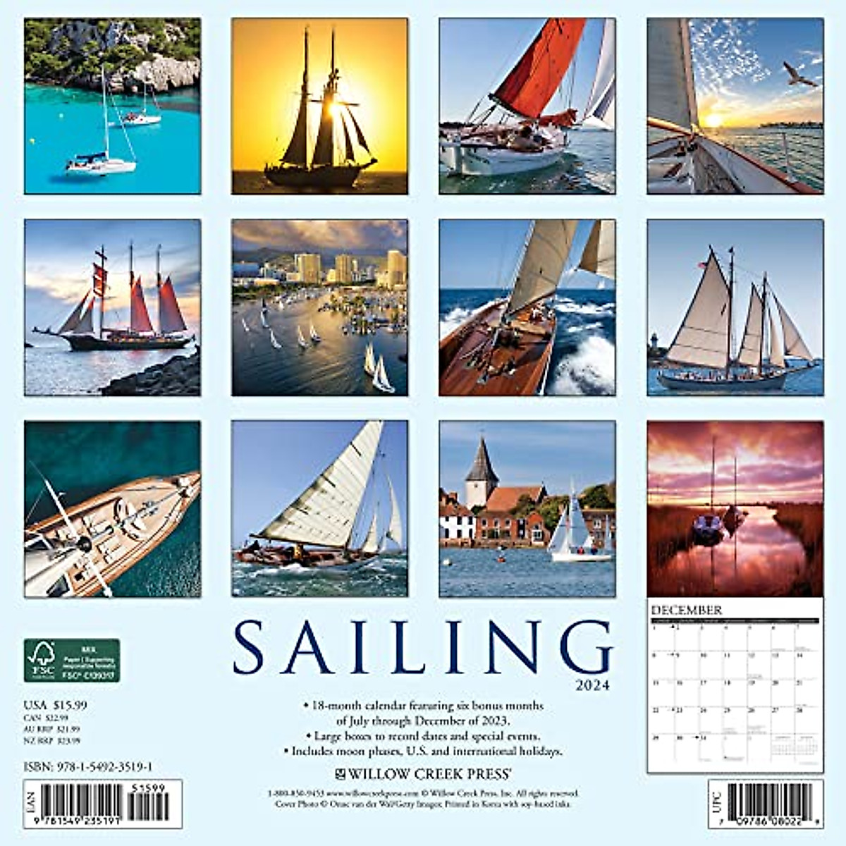 Willow Creek Press Sailing Monthly 2024 Wall Calendar (12" x 12")