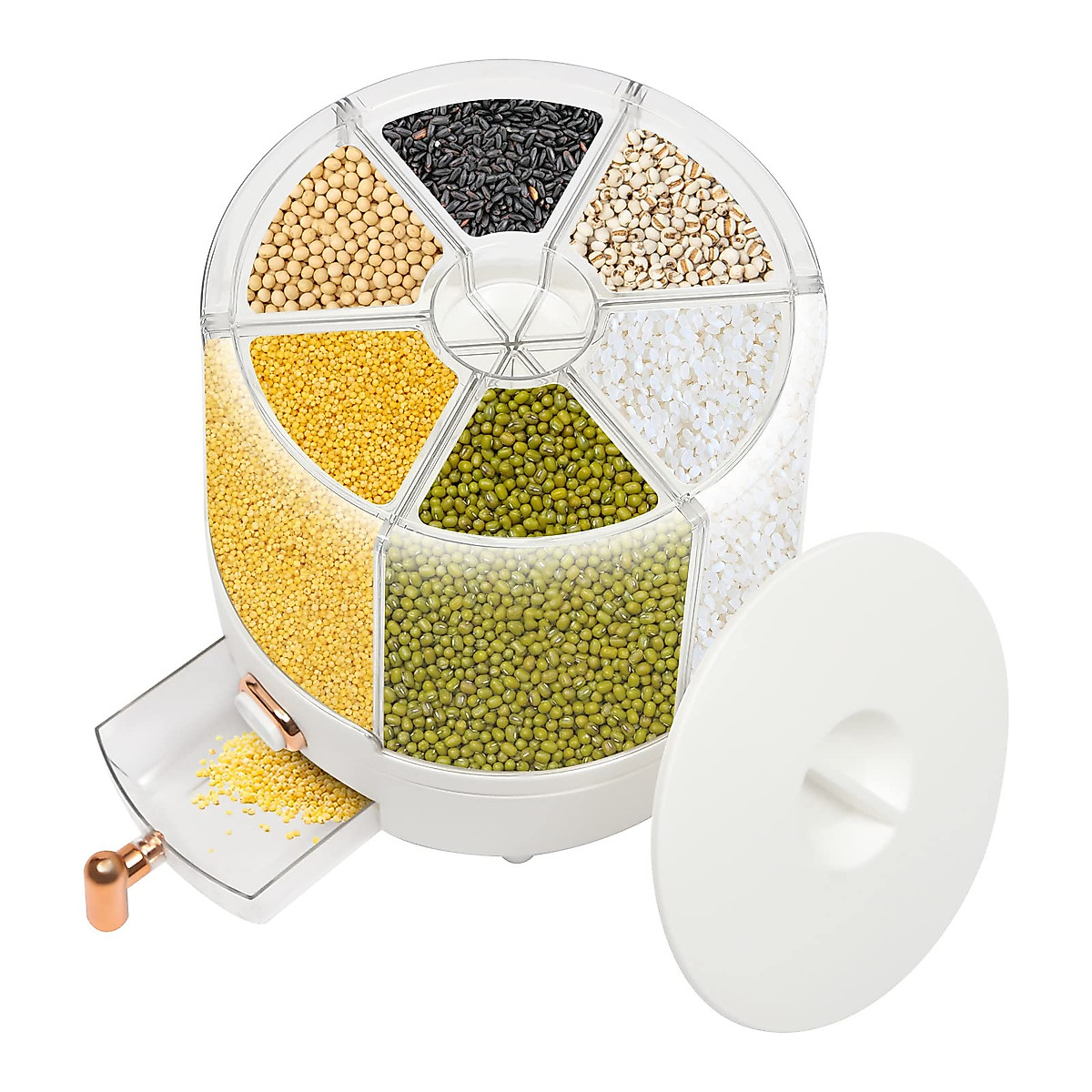 BANLICALI 6 Grid Rice Dispenser, 360° Rotating Dry Rice Dispenser PET PP Kitchen Grain Storage Container with Anti-slip Pads for Store Rice and Beans White+Clear (medium)