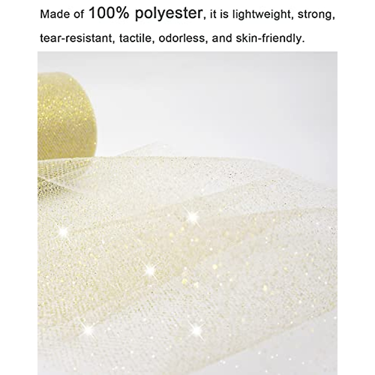 Glitter Gold Tulle Fabric Rolls, 6 Inch 50 Yards (150ft) Sparkling Spool Ribbon Sequin Netting for Tutu Skirt Gift Wrapping Wedding Party Decoration (White/Gold)