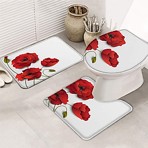 EZON-CH 3pcs Bath Rug Set Memory Foam Non-Slip Bathroom Rug Contour,Mat and Toilet Lid Cover,Red Poppy Flower Pattern Bathroom Rugs,18"x30"+14"x18"+15"x18"