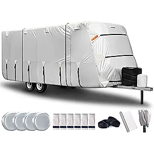 FRUNO Oxford Cloth Travel Trailer RV Cover 27'8"-30' Waterproof Rip-Resistant Anti-UV Camper Cover for Winter Snow with Jack Cover 4 Tire Covers and Gutter Covers