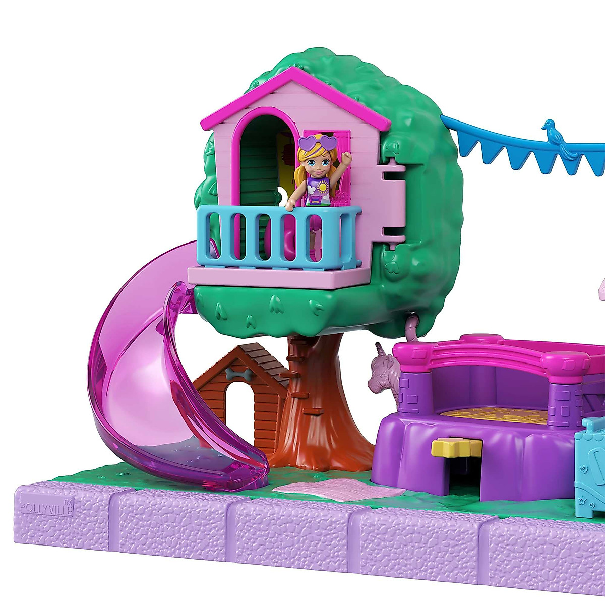 Polly Pocket Pollyville Playground Adventure Playset, Micro Polly Doll, Treehouse, Slide, Bouncy Castle, Jungle Gym, Ice Cream Cart, Peaches Figure & More, Great Gift for Ages 4 Years Old & Up