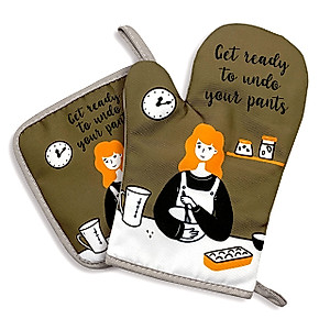 Get Ready to Undo Your Pants,Oven Mitts and Pot Holders Sets of 2，Funny Oven Mitt，Silicone Non-Slip Oven Mitts,Kitchen Gift for Women，Birthday Gifts for Mom, Wife, Girlfriend, Grandma