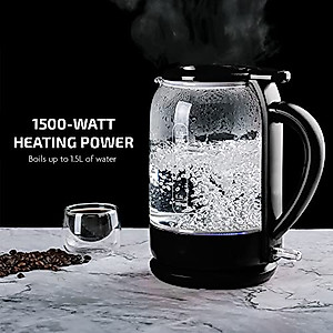 Ovente Electric Glass Kettle 1.5 Liter 1500W Power Portable Instant Hot Water Boiler Heater with ProntoFill Tech & Automatic Shut Off, Fast Boiling Cordless Body for Coffee Milk Tea, Black KG516B