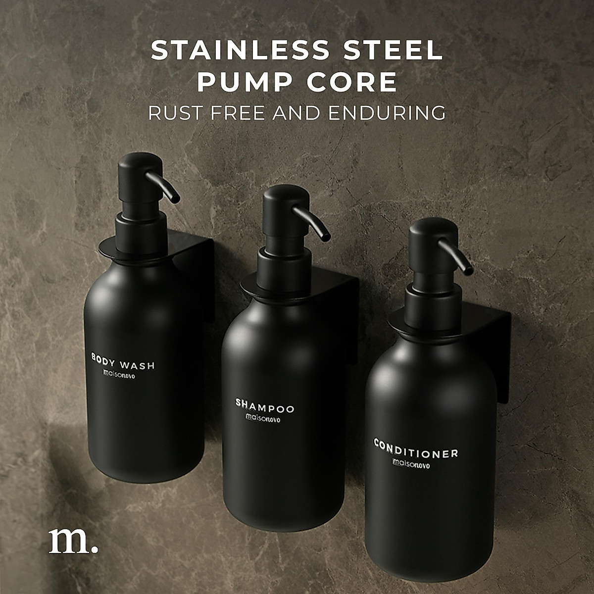 MaisoNovo Shampoo and Conditioner Dispenser - 3 Plastic Amber 3 Wall Mount Black - 3 Plastic Black 3 Wall Mount Black