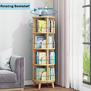 Gdrasuya10 4 Tier Rotating Bookshelf with Legs, Floor Standing Bookshelf Stackable Bookshelf Wood Bookcase Round Bookshelf 360 Display Book Shelf for Living Room Bedroom