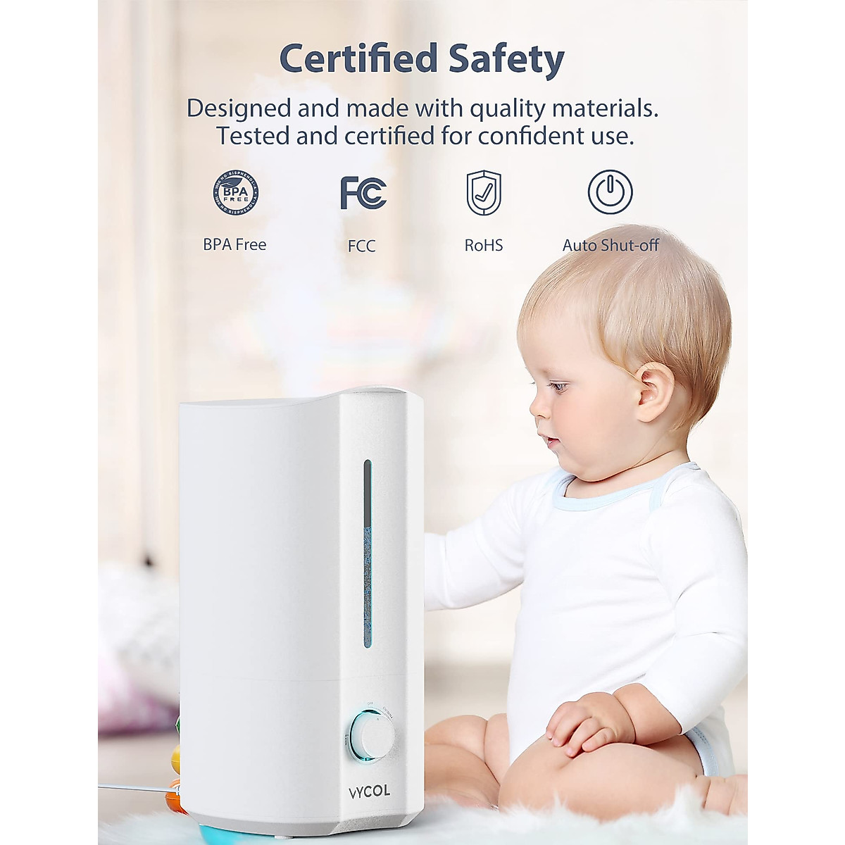 VYCOL Humidifiers for Bedrooms, 4L Ultrasonic Top Fill Cool Mist Humidifier for Large Room, Plants, Super Quiet, Lasts up to 65 Hours, Auto Shut-Off Air Vaporizer for Baby, Kids & Nursery White