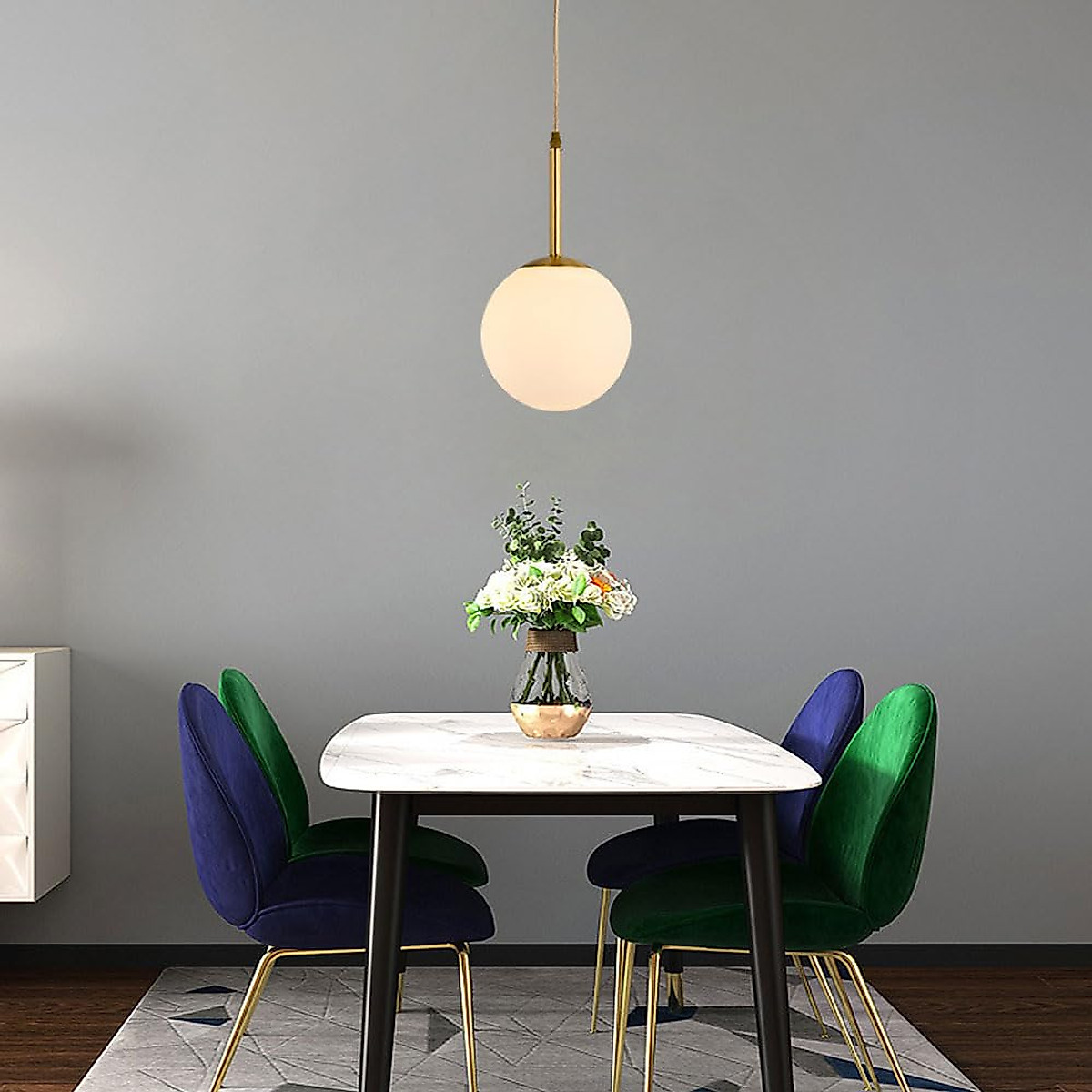 THINKBEEST White Globe Pendant Light Fixture with Glass Lampshade, Gold Decor Hanging Lamp, Minimalist Style Hanging Light E26/E27 Base, 59in Wire Adjustable Chandelier for Living Room, Foyer