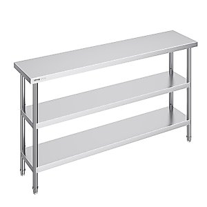 VEVOR Stainless Steel Food Prep Table, 14 x 60 x 34 Inch Commercial Kitchen Worktable, with 2 Adjustable Undershelf, Heavy Duty Prep Table Metal Work Table for BBQ, Kitchen, Home, and Garage