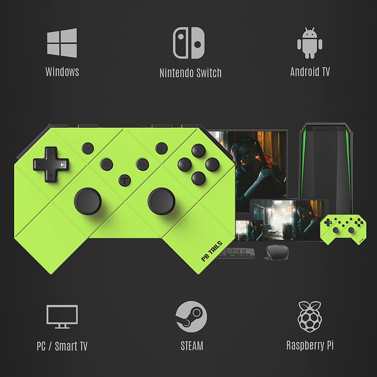 PB TAILS CHOC Unique Bluetooth Controller for Switch, PC, Steam, Android - Portable Switch Wireless Controller with Turbo-Mode, Motion Control, Vibration, Wake Up Function & Carry Case - Neon Green
