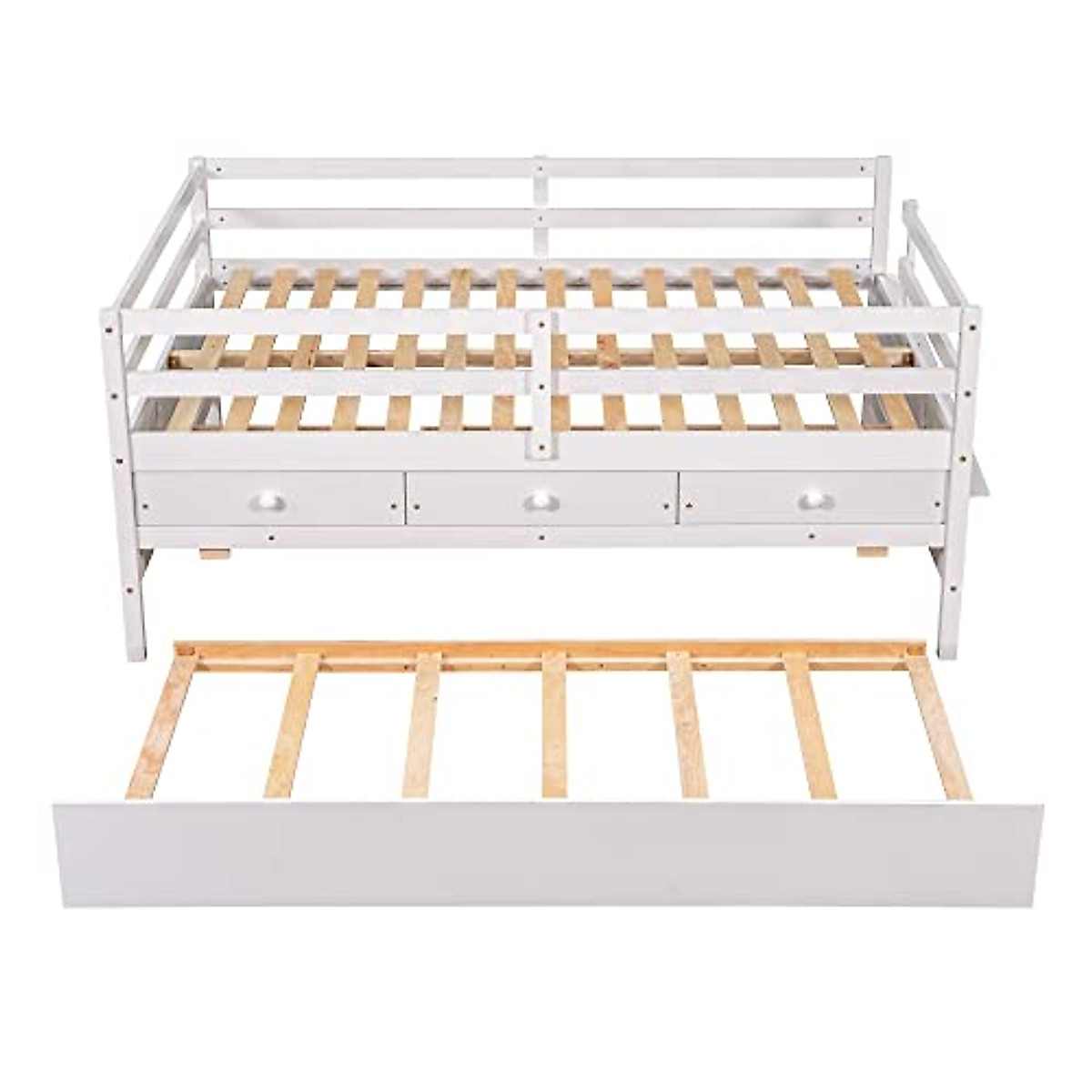 ODC Low Loft Bed with Trundle Bed and 3 Storage Drawers, Multifunctional Full Size Loft Bed with Climbing Ladder, Solid Wood Bed Frame with Full Safety Fence for Kids Boys Girls