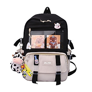 JELLYEA Kawaii School Backpack with Cute Milk Cow Accessories Kawaii Pins for Girls Teen (Black)