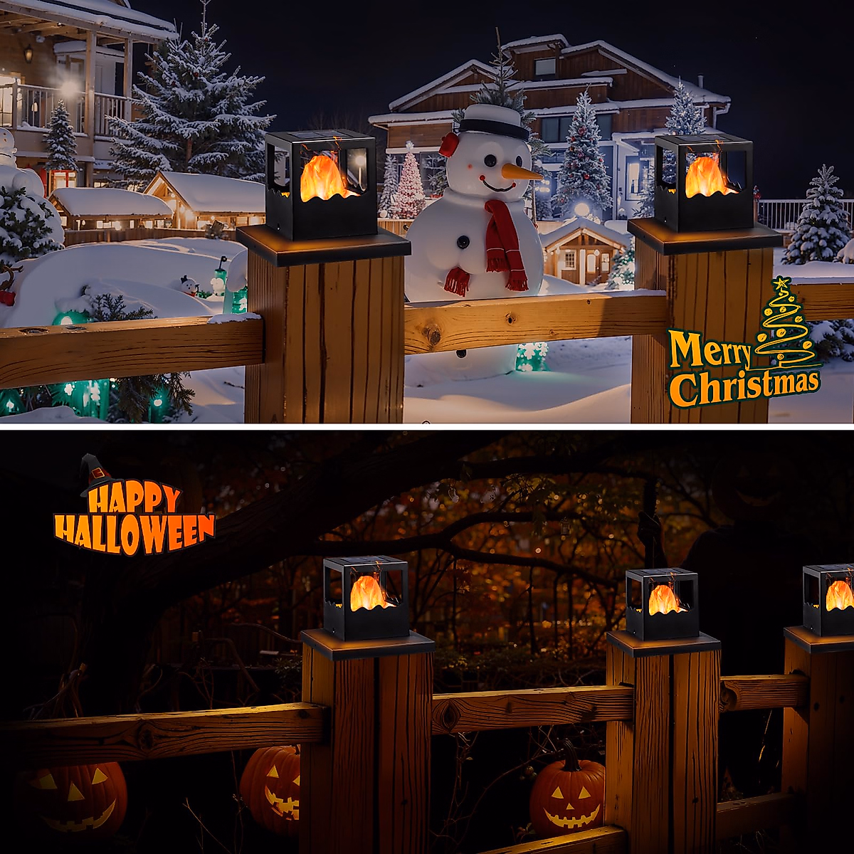 Viewsun 10 Pack Solar Flame Post Lights Outdoor, Solar Powered Fence Post Cap Lights, High Brightness Flickering Flame Lighting for Christmas, Fits 4x4, 5x5 or 6x6 Wooden Posts, for Yard Deck or Patio