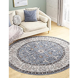 Rugs.com Eco Traditional Collection Rug – 7 Ft Round Harbor Blue Medium Rug Perfect for Kitchens, Dining Rooms