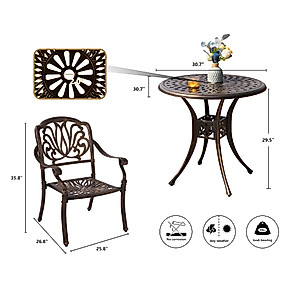 Grepatio 3 Piece All Weather Cast Aluminum Dining Set - 2 Patterned Back Chairs, 1 Bistro Table with Umbrella Hole -Outdoor Furniture Dining Set for Patio, Antique Bronze