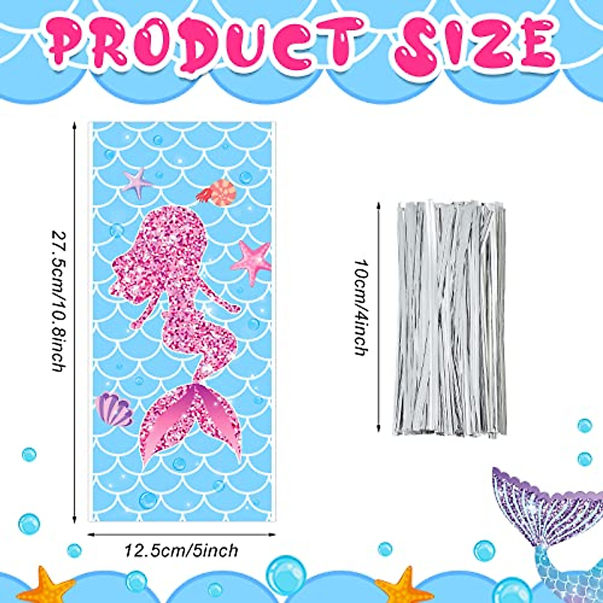 Hotop 100 PCS Mermaid Cellophane Bags Mermaid Gift Treat Bags Mermaid Goodie Candy Bags 150 Ties Mermaid Party Favor Bags Birthday Party Decorations Supplies Mermaid Theme Baby Shower Party Serves