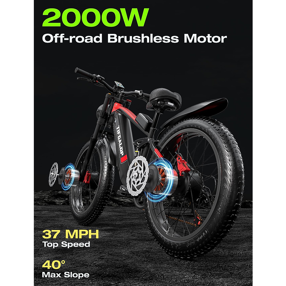 tifgalop Adult Electric Bike, 2000W Motor Maximum Speed 37MPH and 52V 22Ah Detachable Lithium Battery, Maximum Range 80km, 26 Inch Fat Tire Mountain Snow Beach Electric Bike