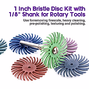 Swpeet 66Pcs 1 Inch 6 Mixed Grit 80/120/220/400/600/1000 Radial Bristle Disc Abrasive Brush Gap Polishing Pad Buffing Wheel Assortment Kit with 1/8" Shank for Rotary Tools Cleaning Finishing Deburring