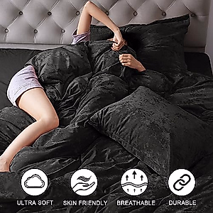 PHF Truly Velvet Duvet Cover Set Queen Size, 3pcs Ultra Soft Breathable Comforter Cover Set, Luxury Cozy Flannel Duvet Cover with Pillow Shams Bedding Collection, 90" x 90", Black