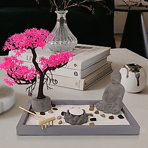 Japanese Zen Garden Lotus Candle Holder - Mini Pink Bonsai Garden with Buddha Statue or Relaxation and Meditation - Perfect Home Desk Decor and Gift Set - Gray, 8.75" x 12.5" x 9"