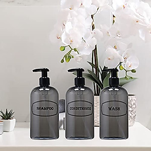 Bottiful Home-16 oz. Gray Plastic Shampoo, Conditioner, Wash, Hands, Dishes Refillable Reusable Shower & Kitchen Bottles-Black Lotion Pumps-2 Twist-on Funnels for Hands-Free Refills-Bundle
