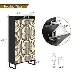 Vibe & Dine Shoe Cabinet with 3 Flip Drawers, Modern Shoe Storage Cabinet with Adjustable Shelves for Entryway Slim, FreeStanding Narrow Shoe Organizer Cabinet with Gold Metal Handle and Legs, Black