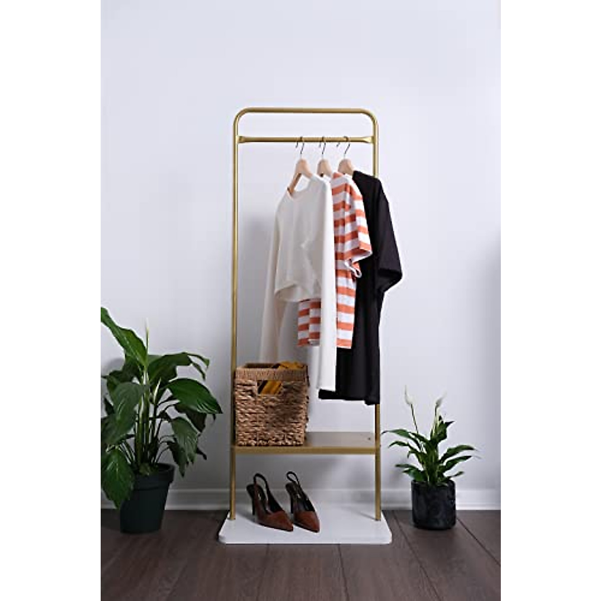 VEGAINDOOR Heavy-Duty Sturdy Clothes Rack with Wood & Metal Shelf , Freestanding Clothing Rack , Single Rod Garment Rack , Easy to Assemble Portable Clothes Rail , Storage Solution for Small Spaces