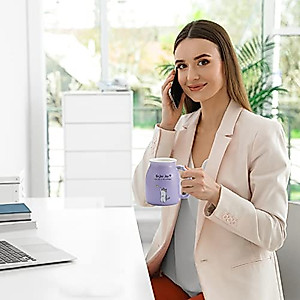 Feify Cute Cat Cup Ceramic Coffee Mug with Kawaii Cat Wooden Lid, Lovely Stainless Steel Spoon, Anime Kitty Thicken Wooden Coaster, Christmas Birthday Gift Cute Thing Japanese Mug 16oz (Purple)